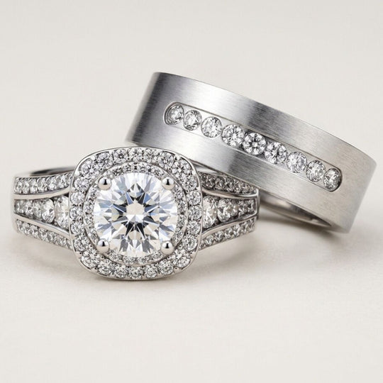 Aurora Rings – Halo Diamond Matching Wedding Ring Set for Couples ...