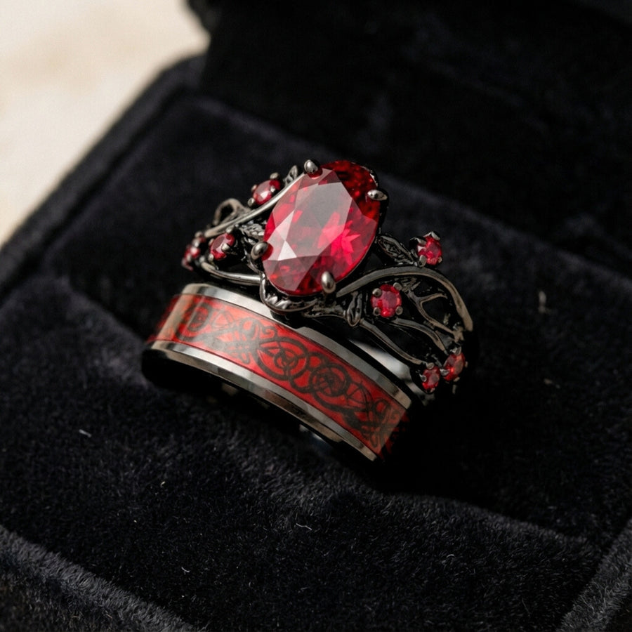 Red Heart Couple Rings – Gothic Passion Set – Couples Choices